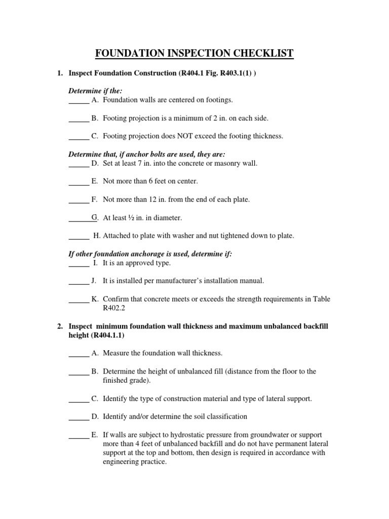 Foundation Inspection Checklist: 1. Inspect Foundation Construction ...