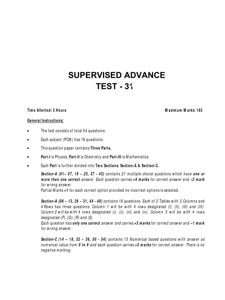 Supervised Advance Test - Physics, Chemistry, Math | PDF | Gases ...