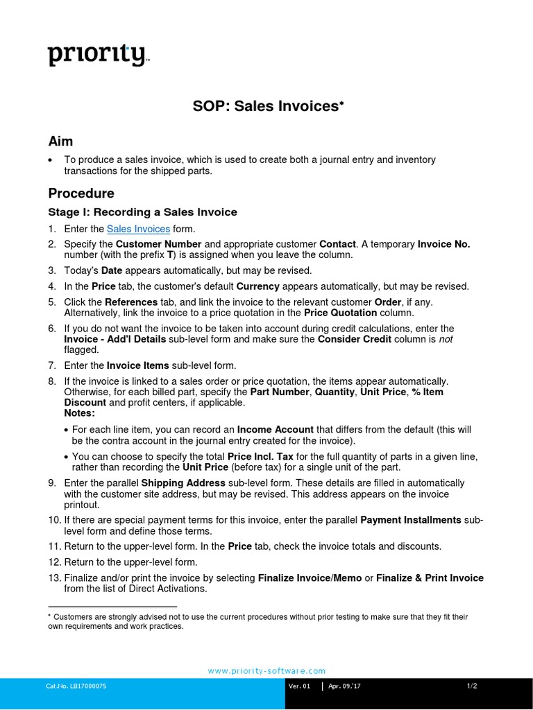 SOP: Sales Invoices: Stage I: Recording A Sales Invoice | PDF | Invoice ...