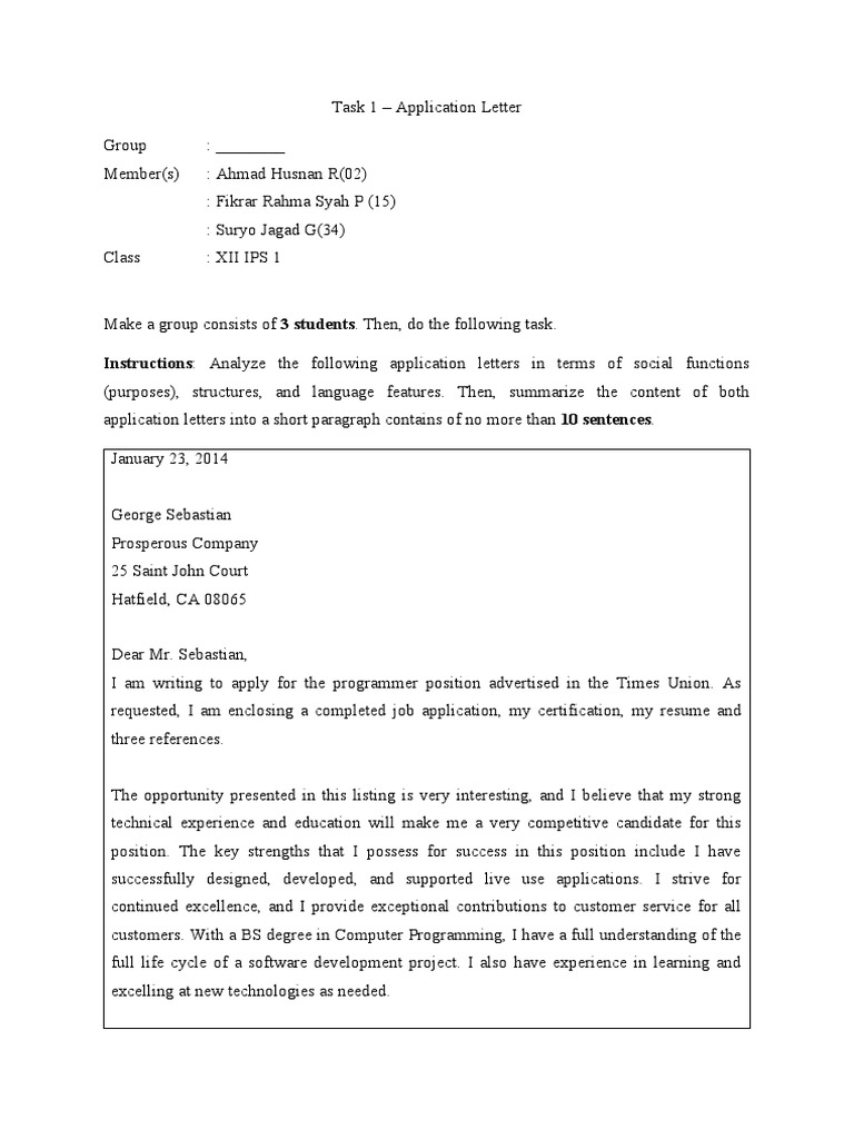 Instructions: Analyze The Following Application Letters in Terms of ...