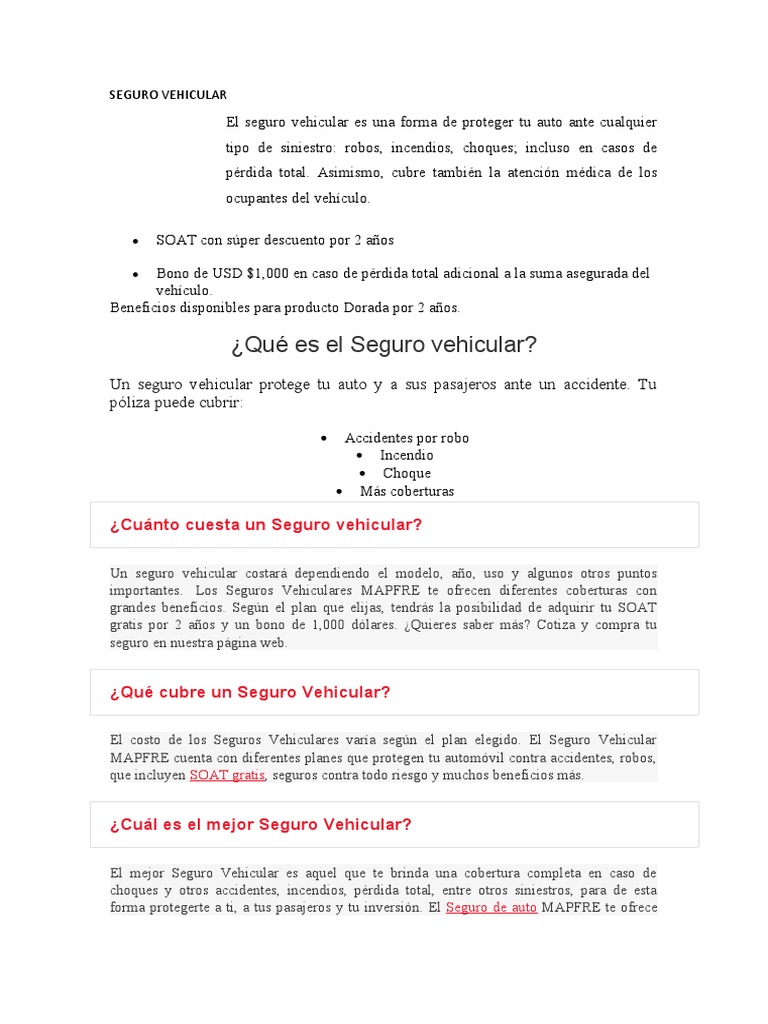 Seguro Vehicular MAPFRE: Cobertura y Beneficios | PDF