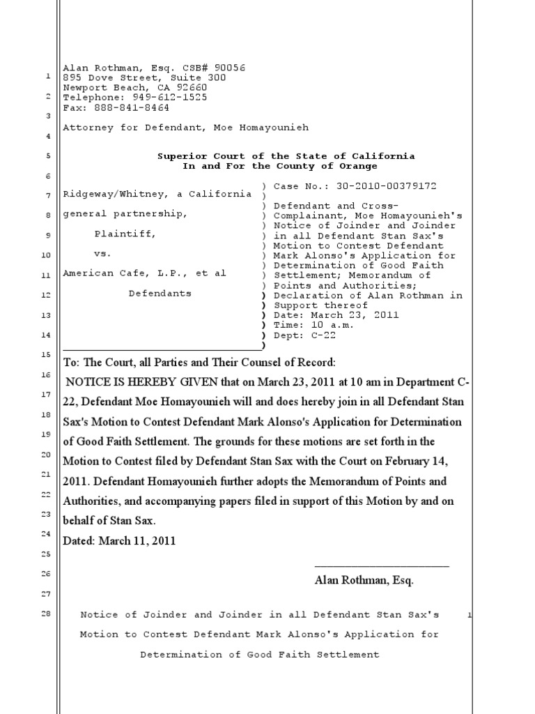 Joinder in Motion to Contest Settlement | PDF | Mail | Lawsuit