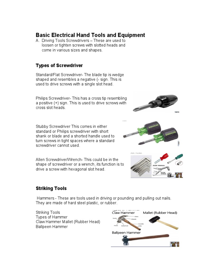 Basic Electrical Hand Tools and Equipment Reviewer g10 | PDF | Home ...