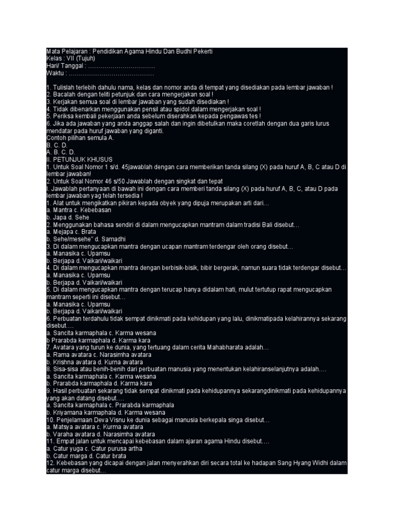 Ulangan Agama Hindu Kelas VII | PDF | Seni & Disiplin Bahasa | Kajian Bahasa Asing