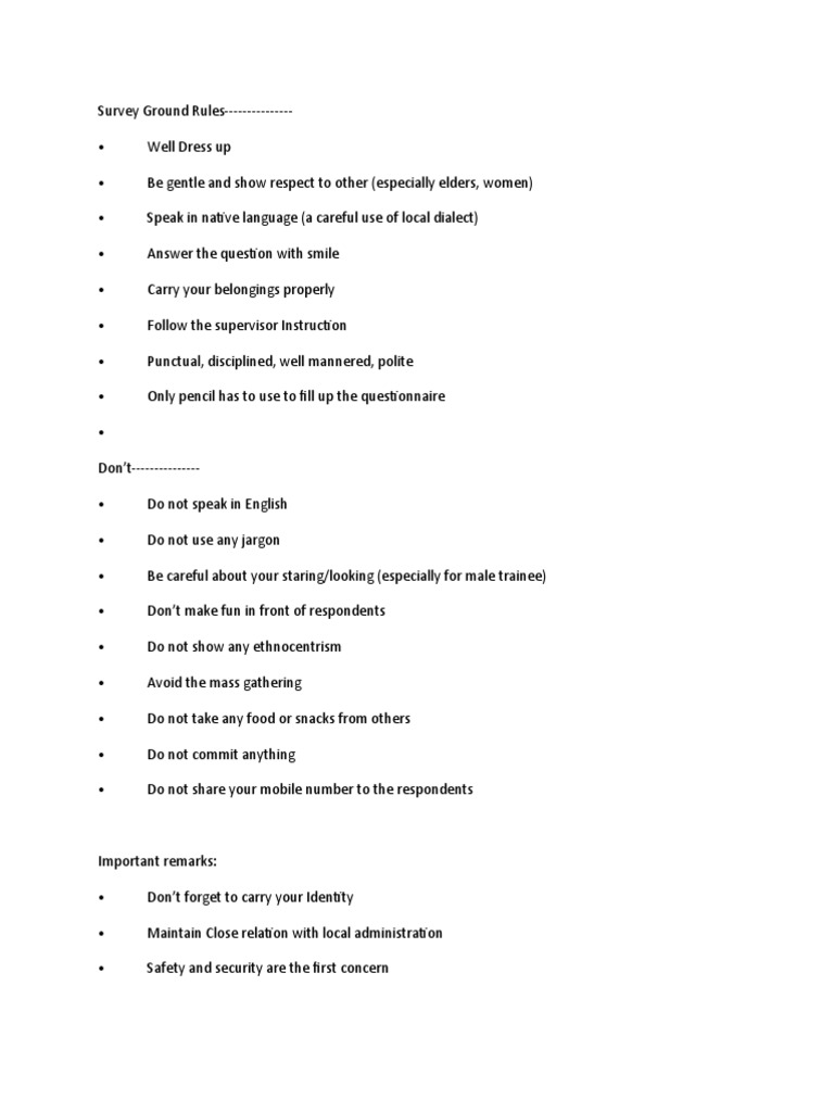Household Survey Ground Rules | PDF | Lifestyle