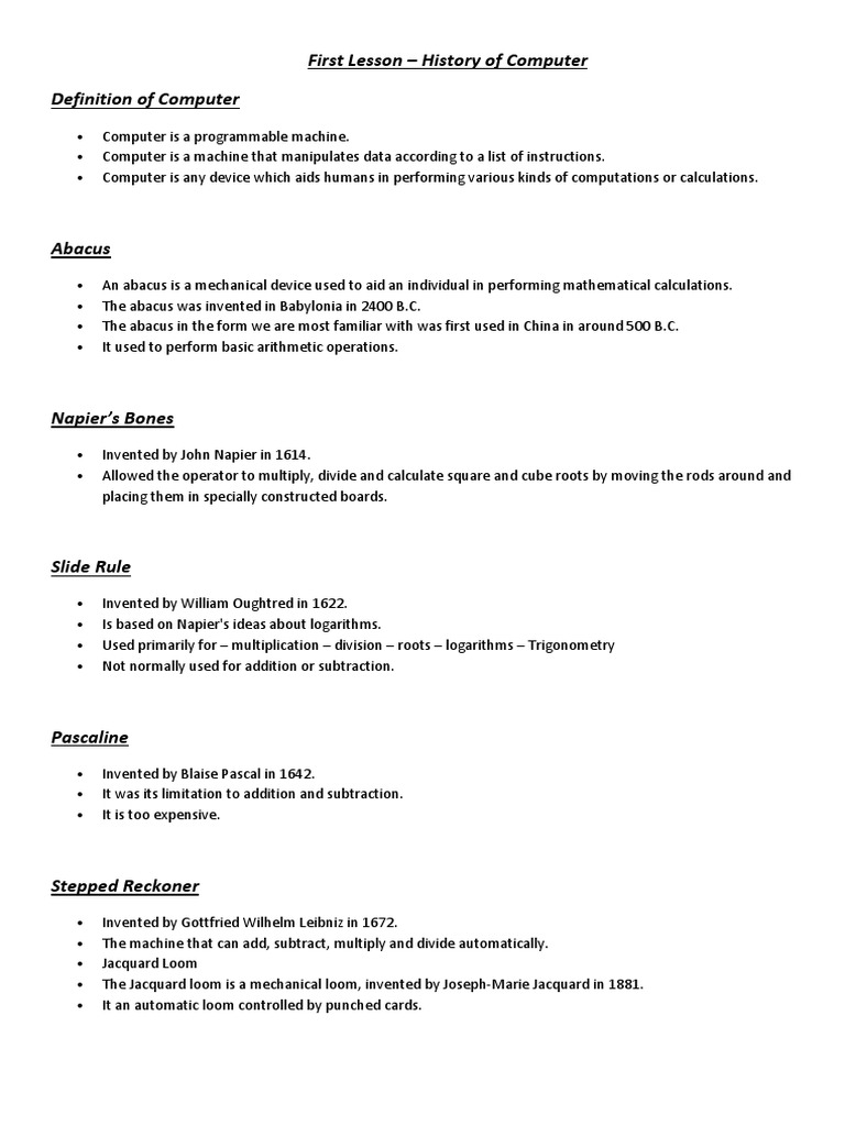 First Lesson - History of Computer Definition of Computer | PDF ...
