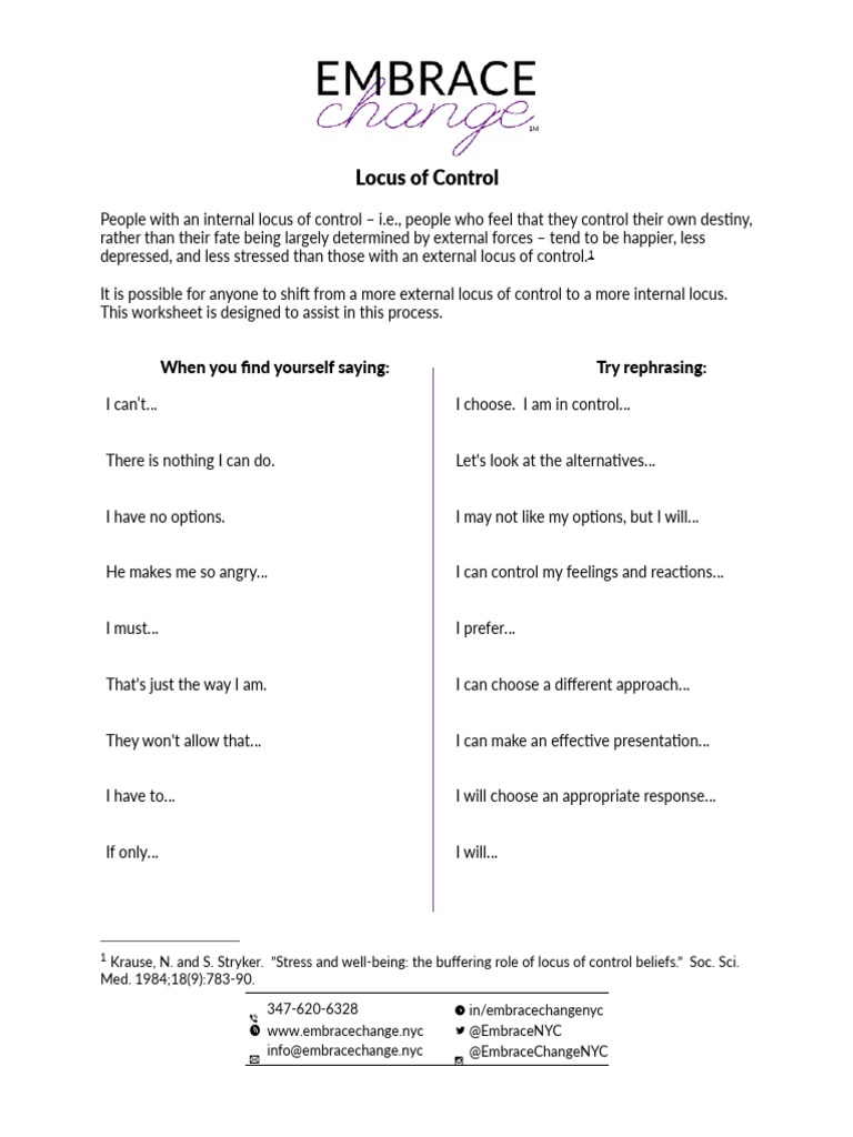 Locus of Control Worksheet | PDF | Neuropsychological Assessment ...
