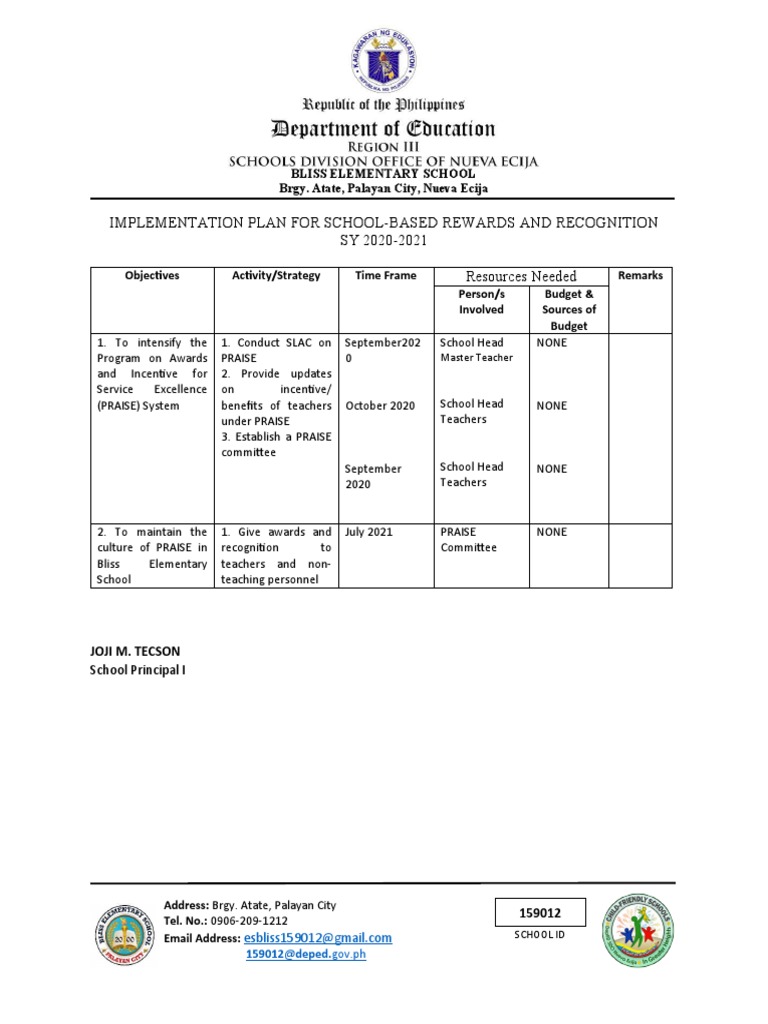 Implementation Plan For School-Based Rewards and Recognition SY 2020 ...
