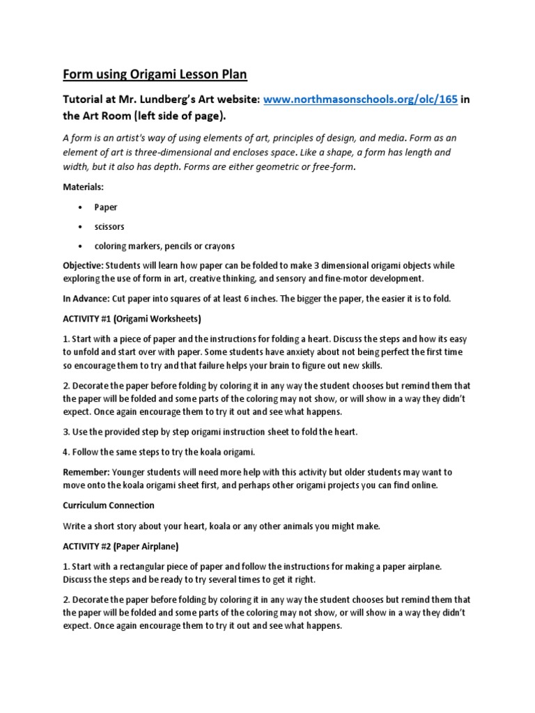 Form Using Origami Lesson Plan: Tutorial at Mr. Lundberg's Art Website ...
