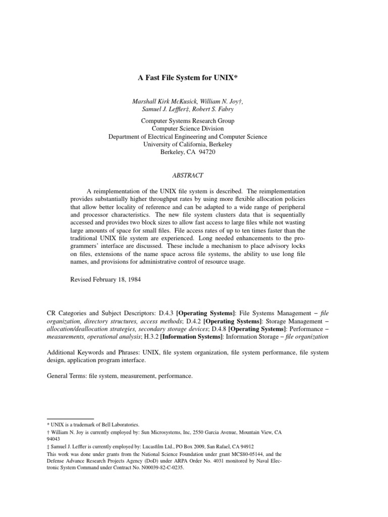 A Fast File System For UNIX - Marshall Kirk McKusick, William N. Joy ...