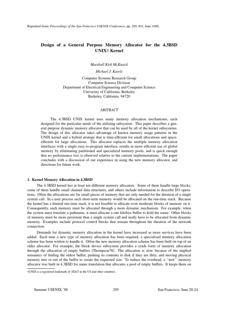 Design of A General Purpose Memory Allocator For The 4.3BSD UNIX Kernel - Marshall Kirk McKusick ...