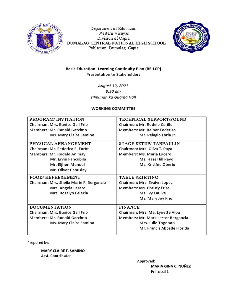 Basic Education-Learning Continuity Plan (BE-LCP) : Dumalag Central ...