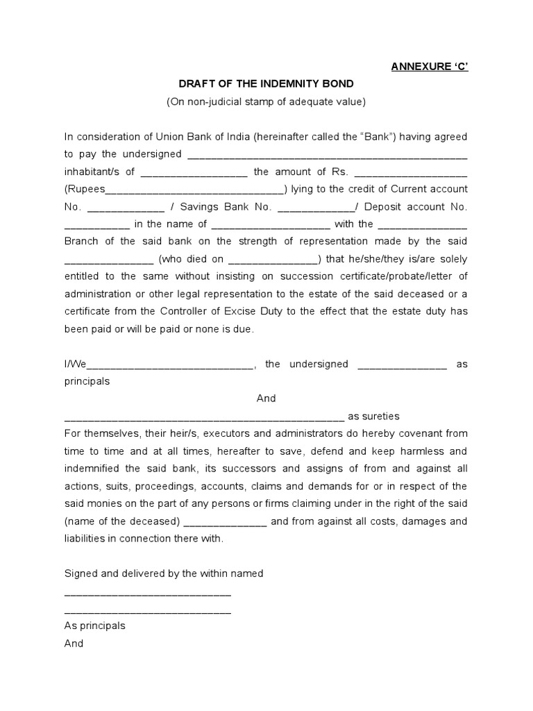 Annexure C' Draft of The Indemnity Bond | PDF | Probate | Indemnity