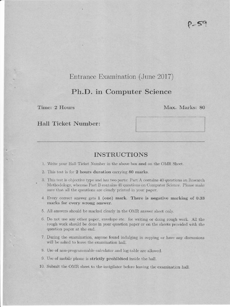 Entrance Examination (June 2017) : in Computer Science | PDF | Time Complexity | Computing