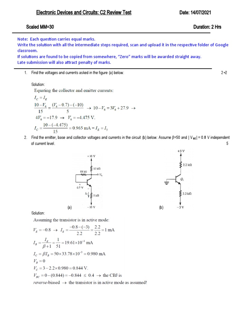 Electronic Devices and Circuits: C2 Review Test: Date: 14/07/2021 ...