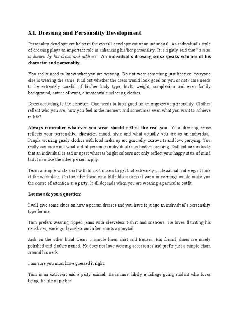 XI. Dressing and Personality Development | PDF | Clothing | Dress