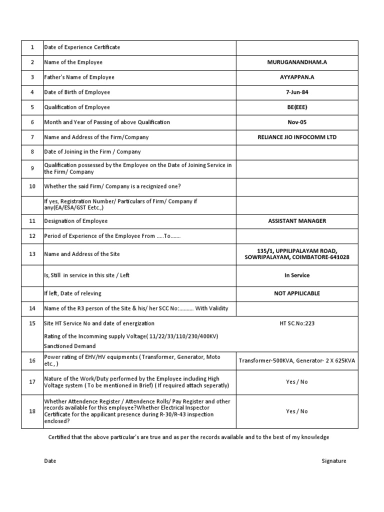 Electrical Supervisor Experience Certificate | PDF | Power (Physics ...