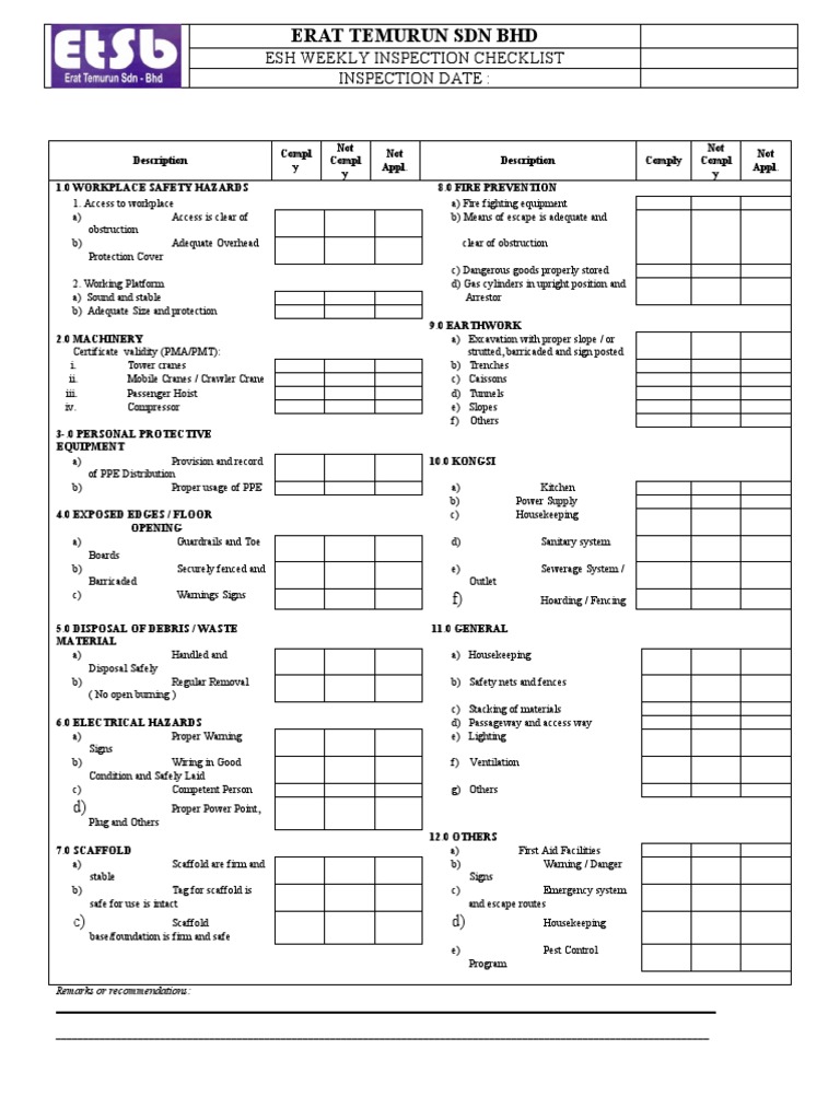 Erat Temurun SDN BHD: Esh Weekly Inspection Checklist Inspection Date ...
