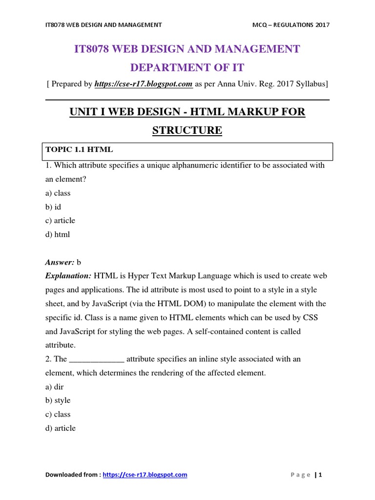 It8078 Web Design and Management MCQ | Download Free PDF | Html Element ...