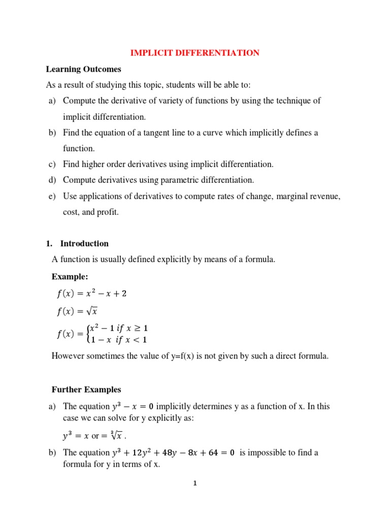 Lesson 1 - Implicit Differentiation | PDF | Slope | Derivative
