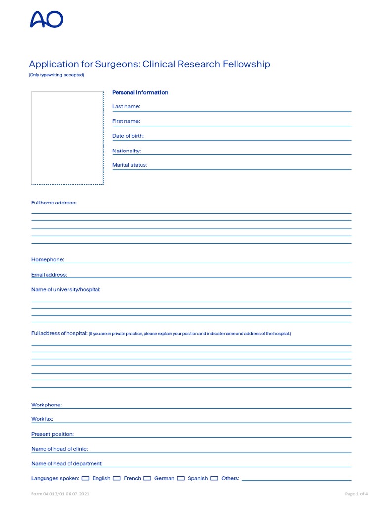 Application For Surgeons: Clinical Research Fellowship: (Only ...