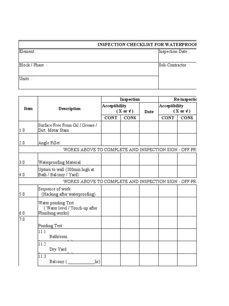 Inspection Checklist For Waterproofing Works | PDF | Materials ...