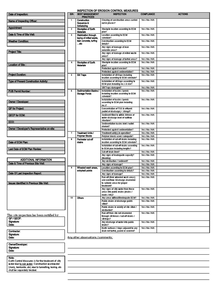 Inspection of Erosion Control Measures: Any Other Observations ...
