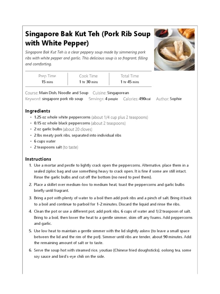 Singapore White Pepper Bak Kut Teh Recipe | PDF | Wellness