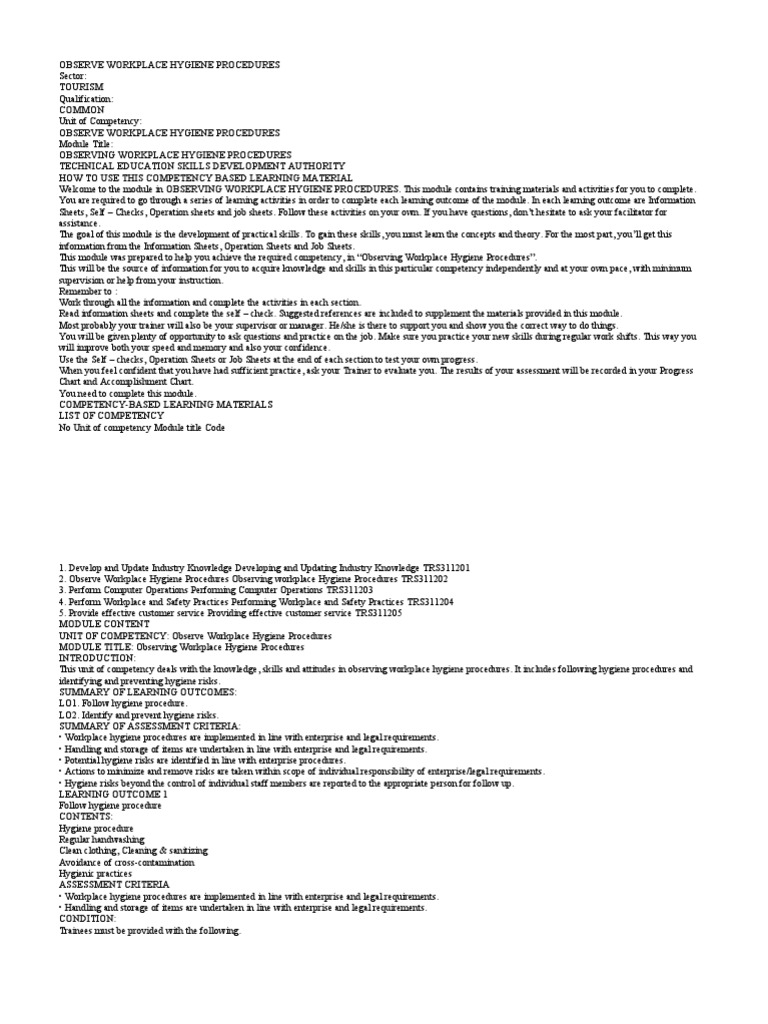Observe Workplace Hygiene Procedures | PDF | Foods | Hygiene