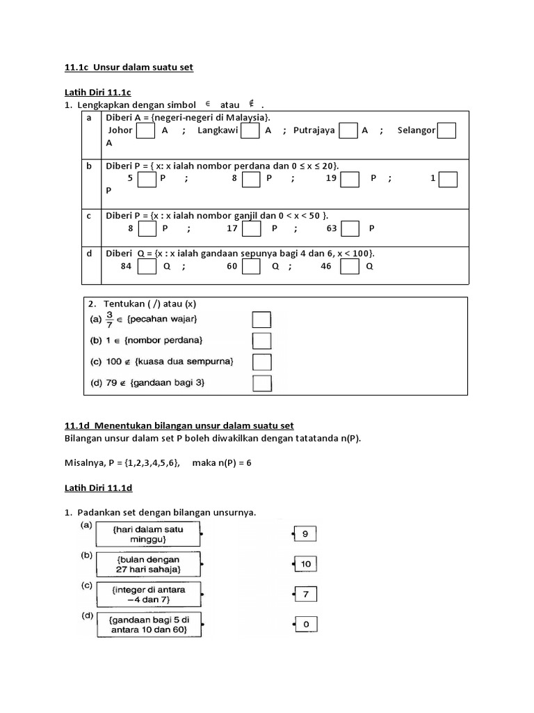 11.1c Unsur Dalam Suatu Set Latih Diri 11.1c | PDF