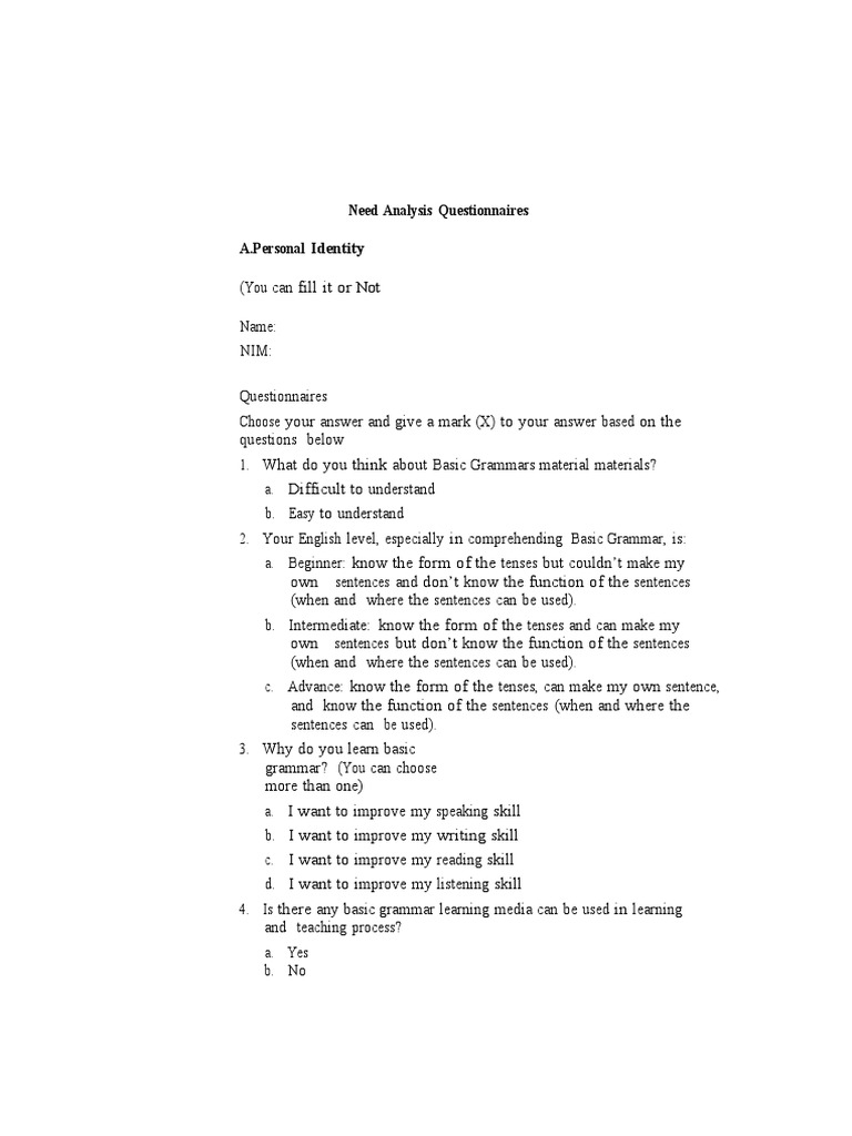 Need Analysis Questionnaires | PDF | Learning | Education Theory