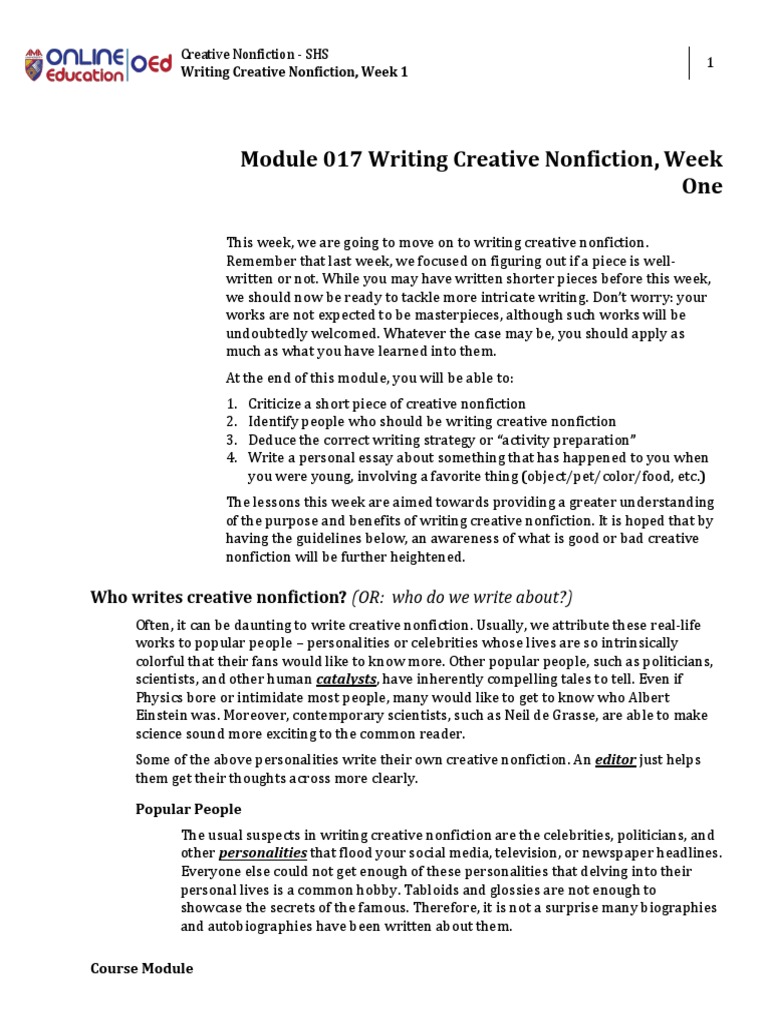 Module 017 Writing Creative Nonfiction, Week One: Who Writes Creative ...