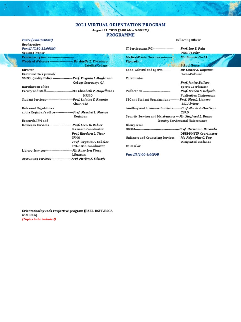 2021 Virtual Orientation Programme | PDF