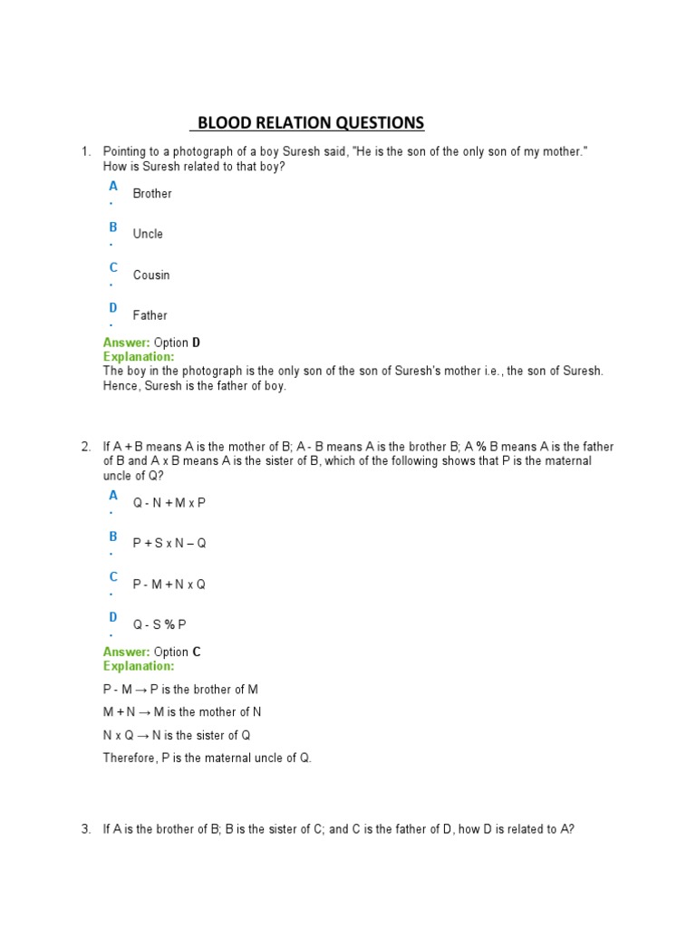 Blood Relation Questions | PDF | Interpersonal Relationships | Living ...
