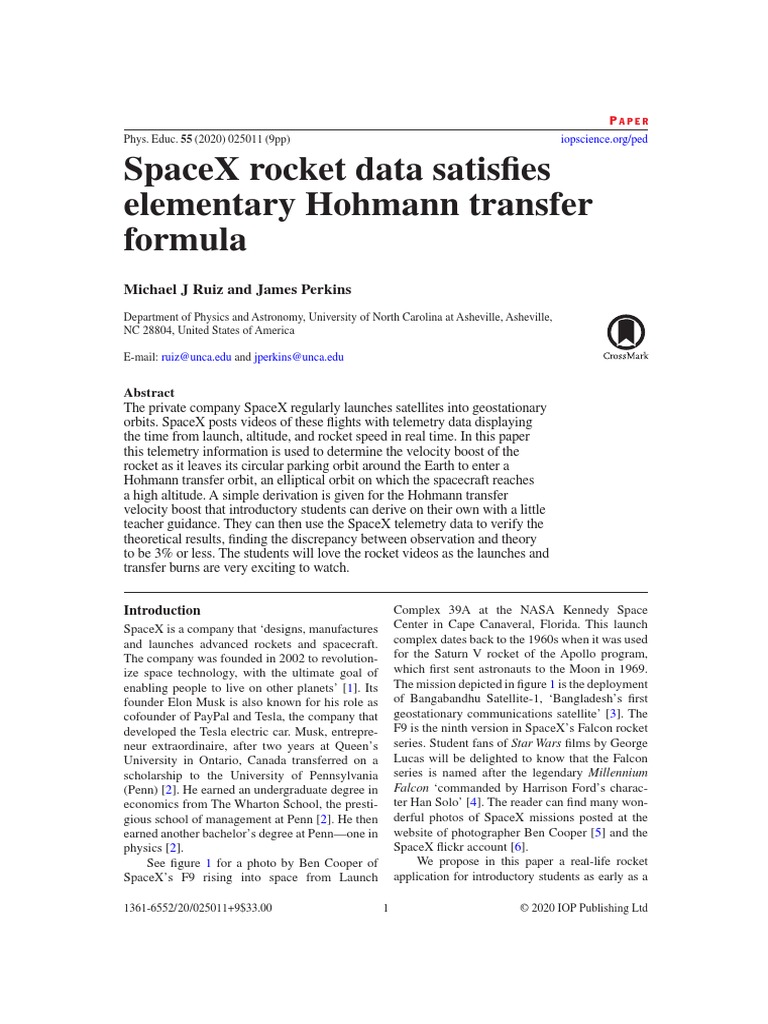 Spacex Rocket Data Satisfies Elementary Hohmann Transfer Formula | PDF | Orbit | Space X