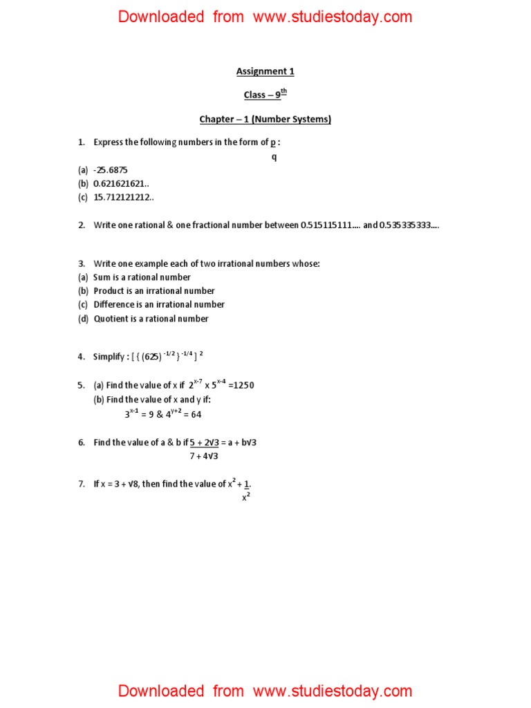 CBSE Class 9 Mathematics Worksheet - Number System | PDF