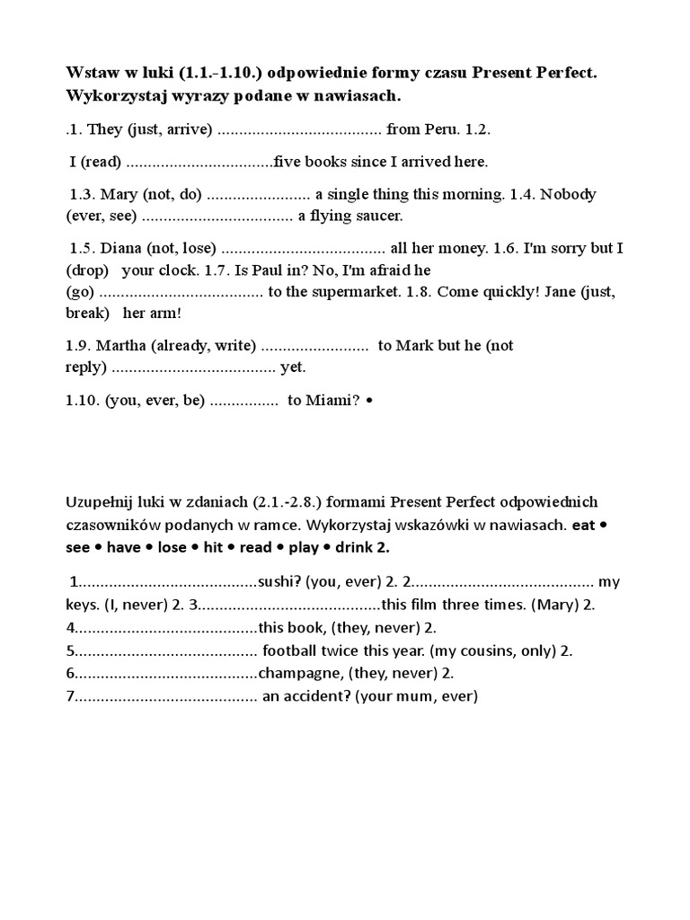 Present Perfect - Cwiczenia | PDF