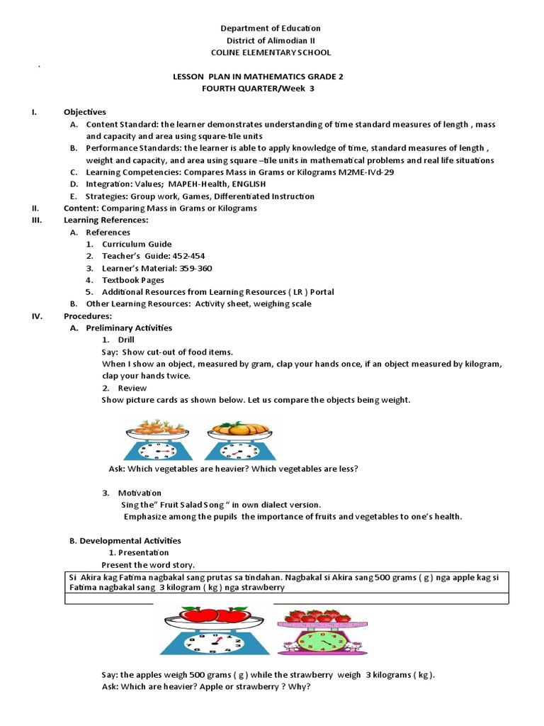 Grade 2 COT MATH Q4 | PDF | Kilogram | Weight