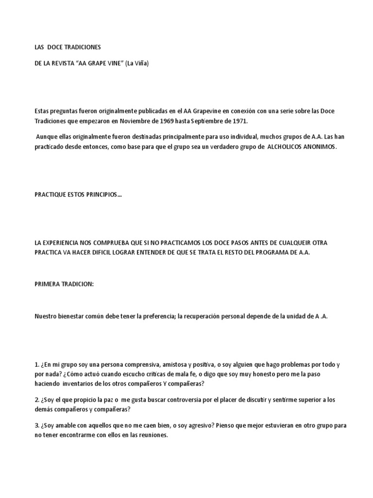 Las Doce Tradiciones Preguntas | PDF | alcoholicos anonimos | Programa de doce pasos