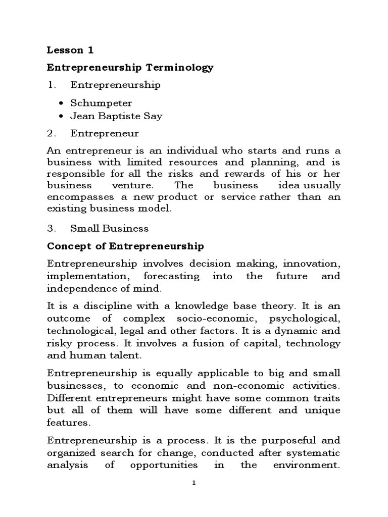 Lesson I - Concept of Entrepreneurship | PDF | Entrepreneurship | Economies
