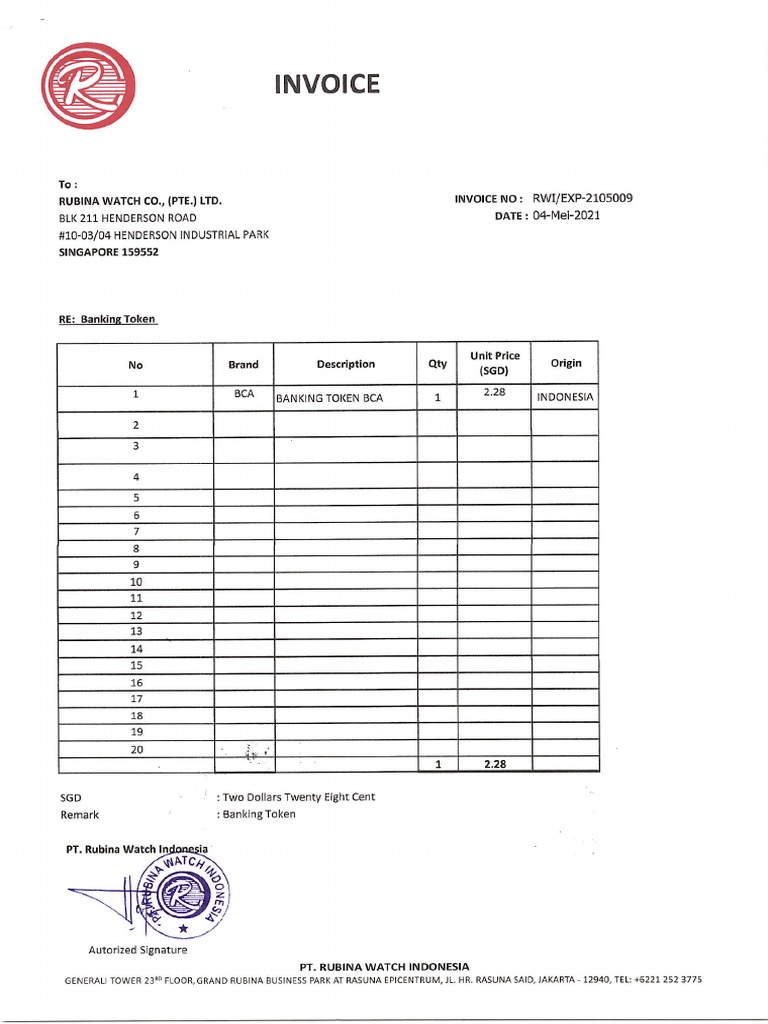 Commercial Invoice Pengiriman Token BCA Ke Rubina Singapore | PDF