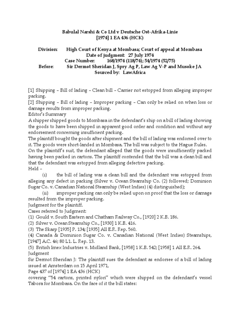 Babulal Narshi-Case On Bill of Lading | PDF | Bill Of Lading | Estoppel