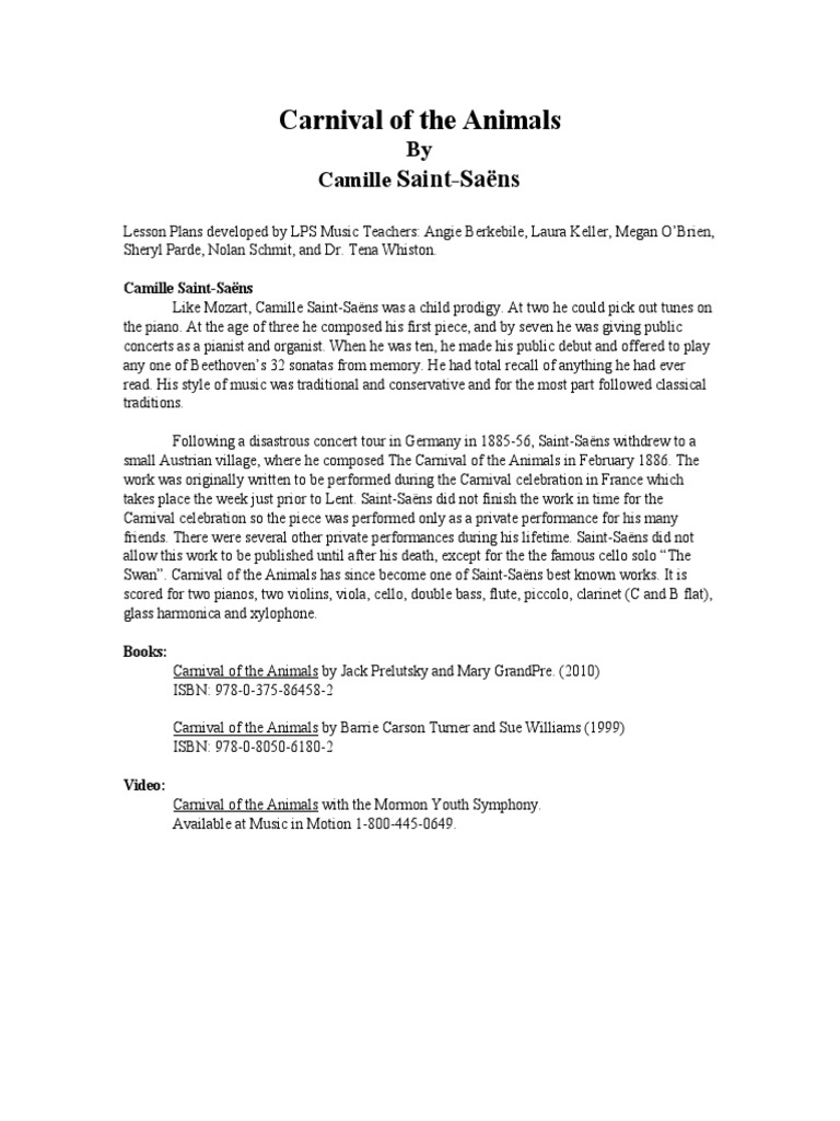 Carnival of The Animals: Saint-Saëns | PDF | The Carnival Of The ...