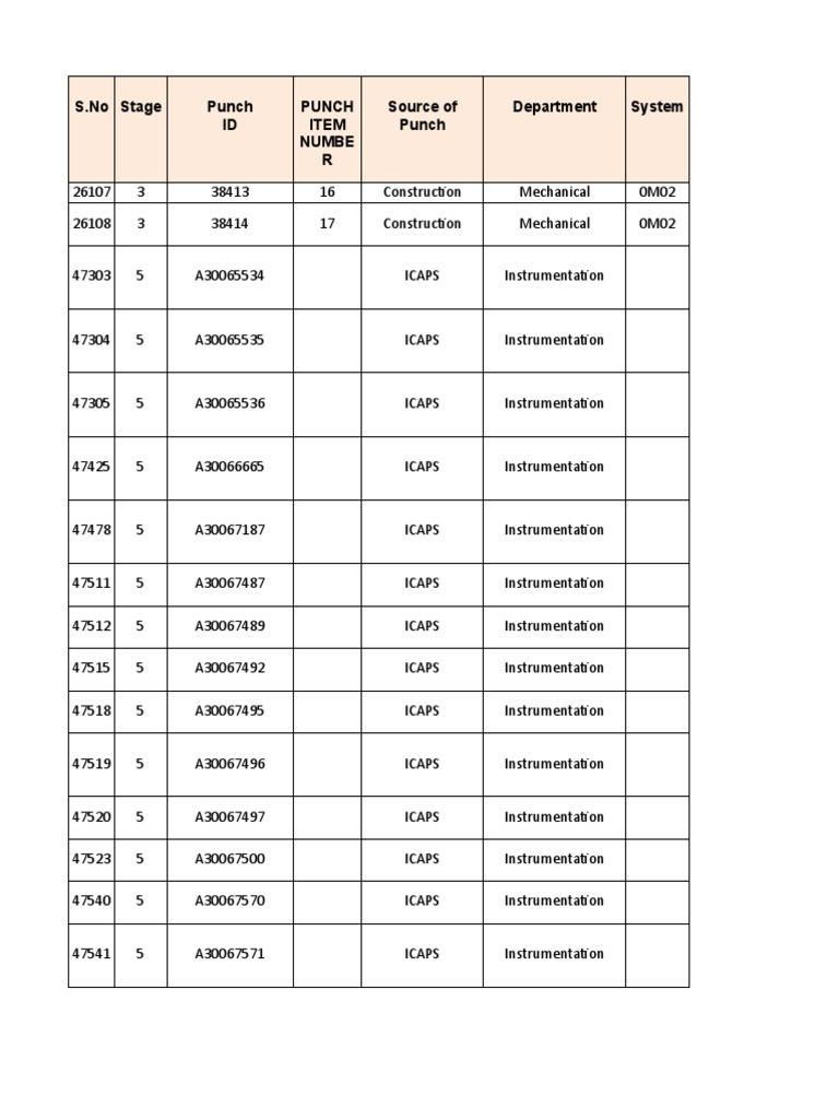 S.No Stage Department System Punch ID Punch Item Numbe R Source of ...