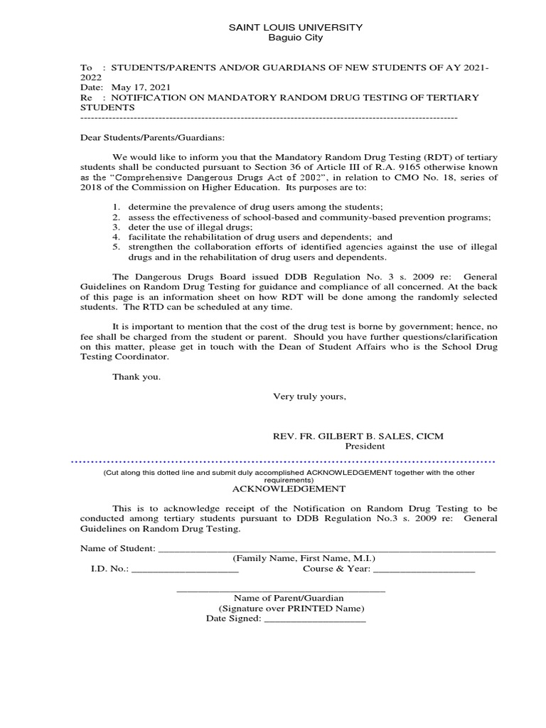 Mandatory Random Drug Testing Notice | PDF | Drug Test