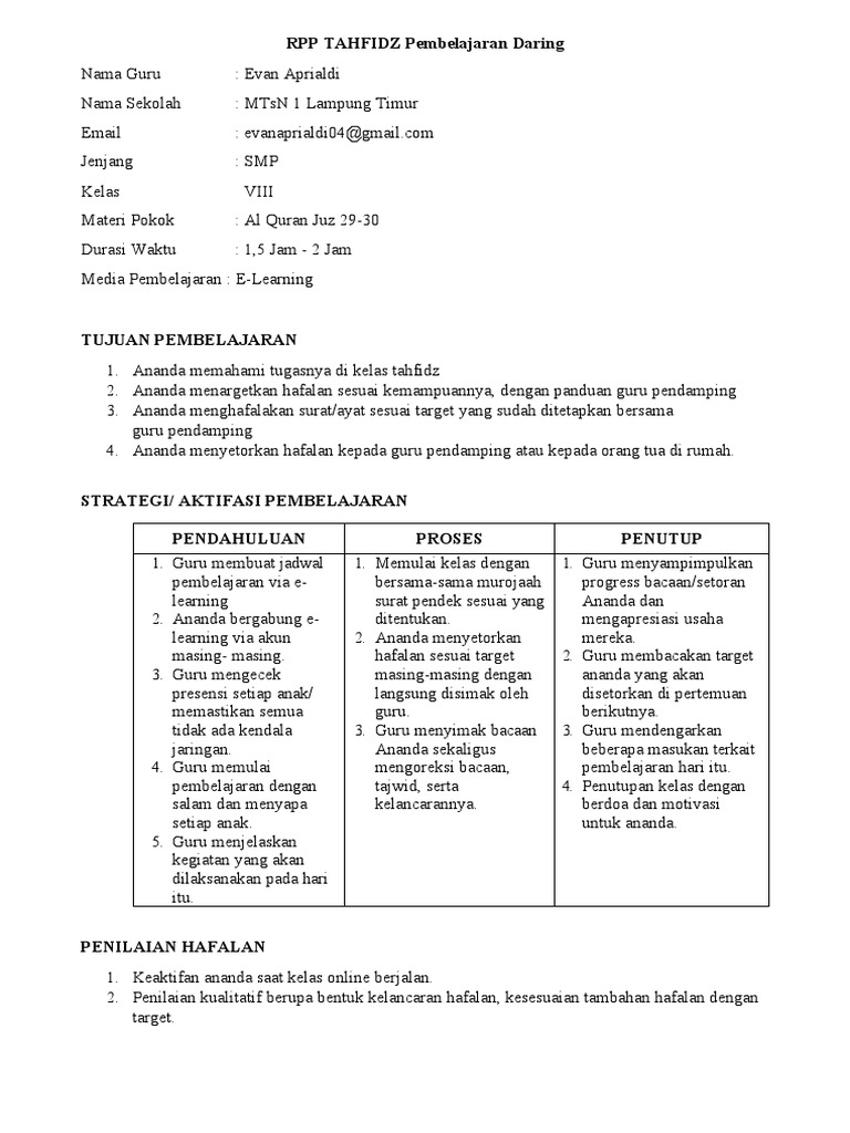 RPP Tahfidz - Kelas VII E - 16 Januari 2021 - Pert. 1 | PDF