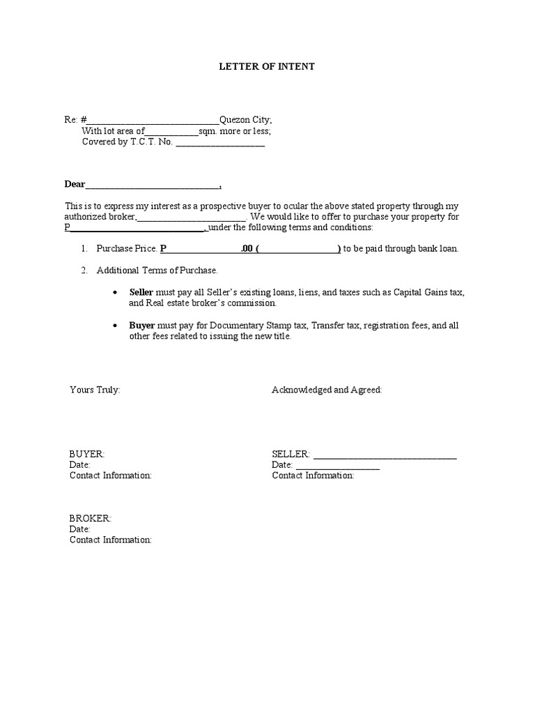 Sample Letter of Intent to Purchase Property | PDF