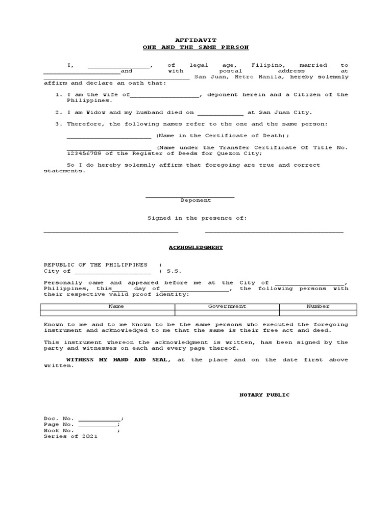 Affidavit of One and Same Person-Template | PDF