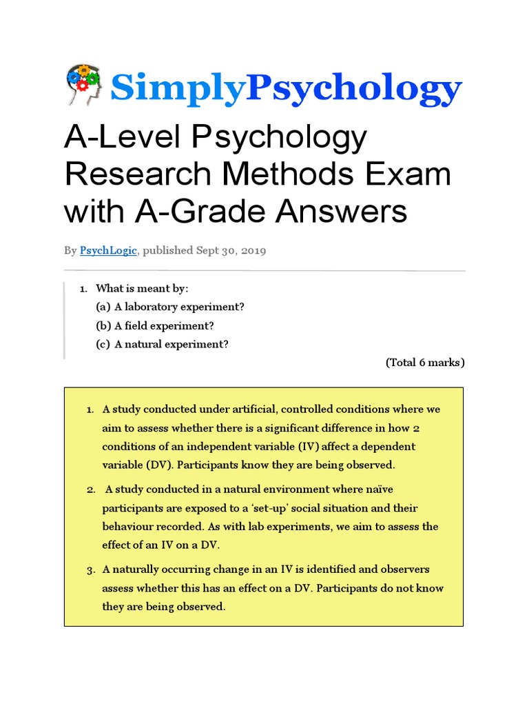 A-Level Psychology Research Methods Exam With A-Grade Answers | PDF ...