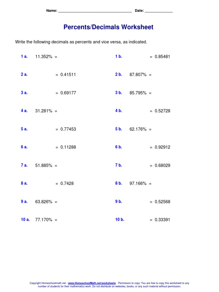 Percents/Decimals Worksheet: Name: - Date | PDF